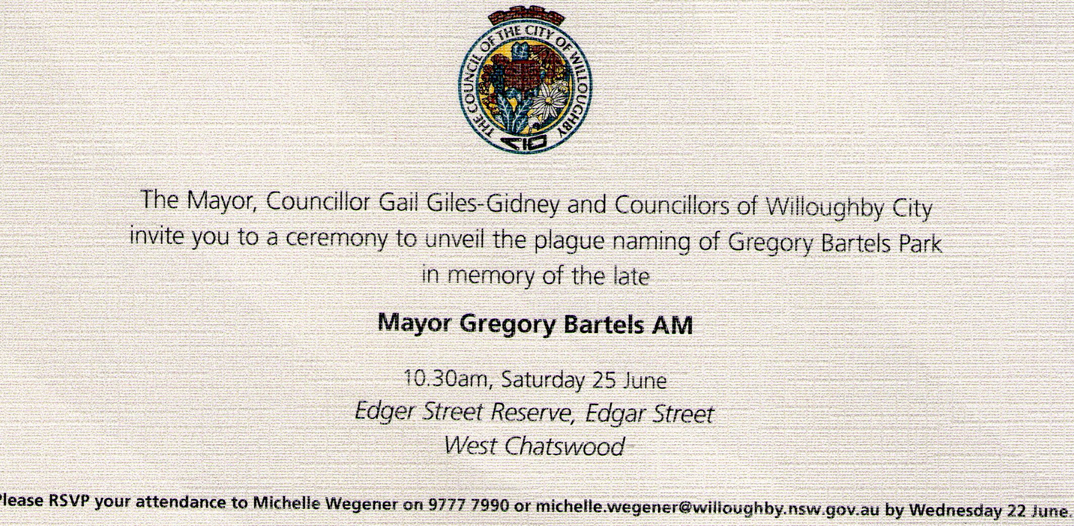 Greg Bartels Park | Chatswood West Ward History